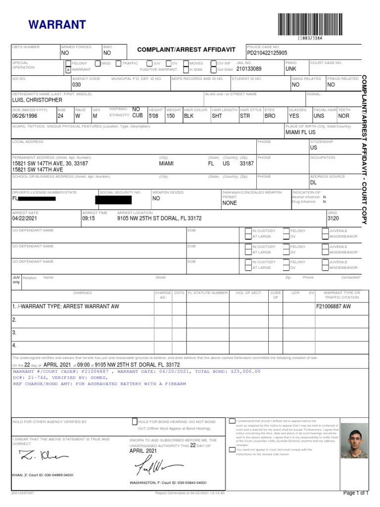 Warrant: Complaint/Arrest Affidavit | PDF | Arrest | Arrest Warrant