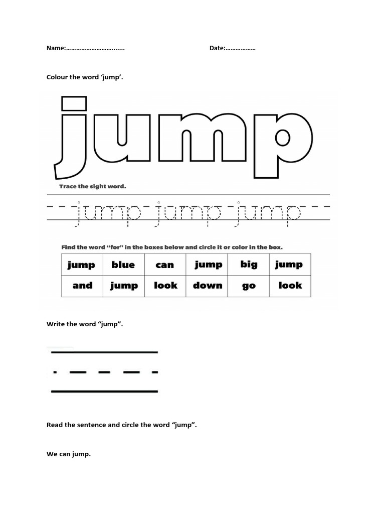 'Jump' Sight Word Worksheet | PDF | Games & Activities