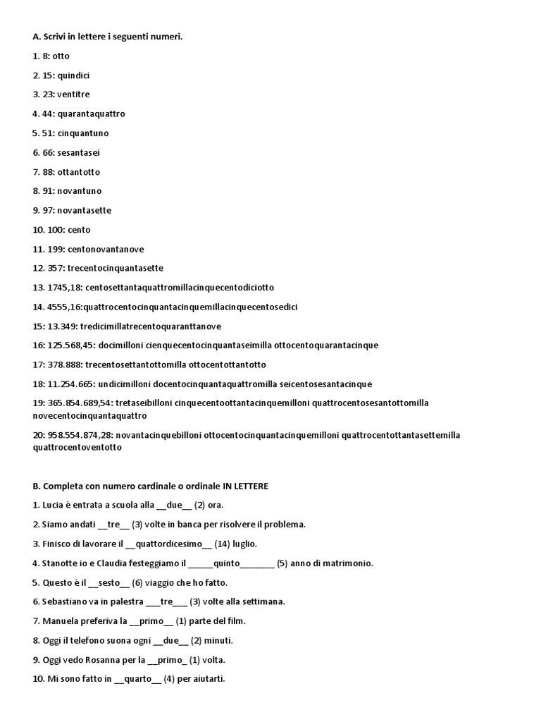 Esercizi Numeri Cardinali e Ordinali | PDF