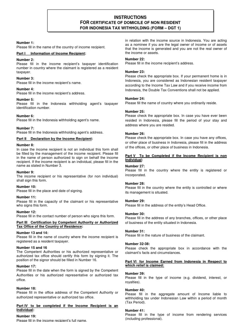 Instruction Form DGT 1 | Withholding Tax | Taxpayer