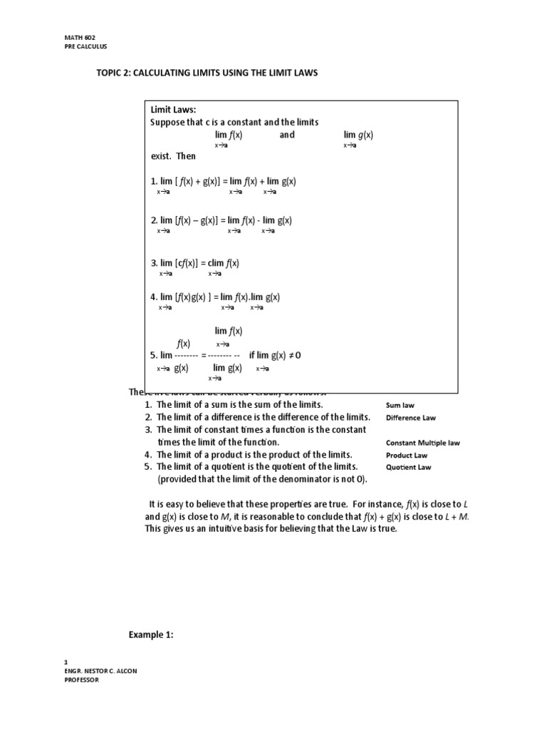 Topic 2: Calculating Limits Using The Limit Laws: MATH 602 Pre Calculus ...