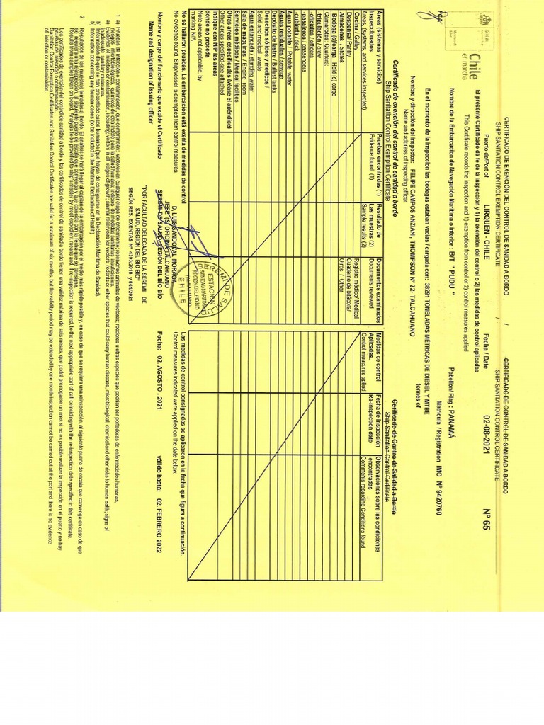 MV Pudu - Ship Sanitation Control Certificate | PDF