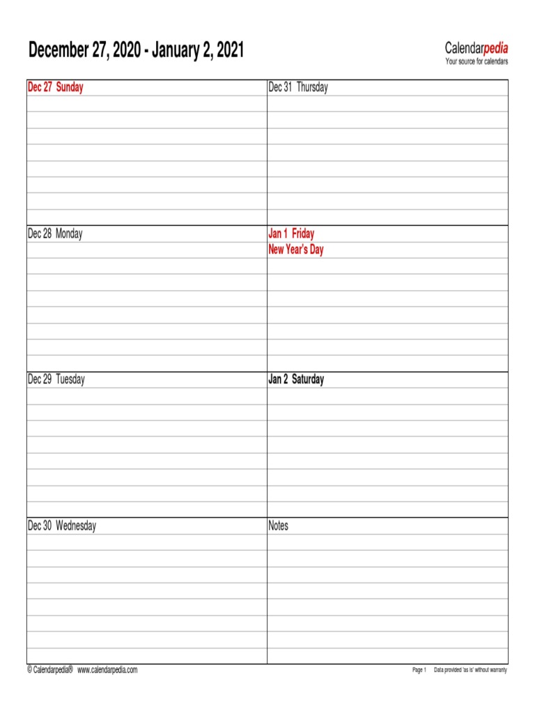 Weekly Calendar 2021 Landscape 2 Columns | PDF | Holidays | Public Holiday