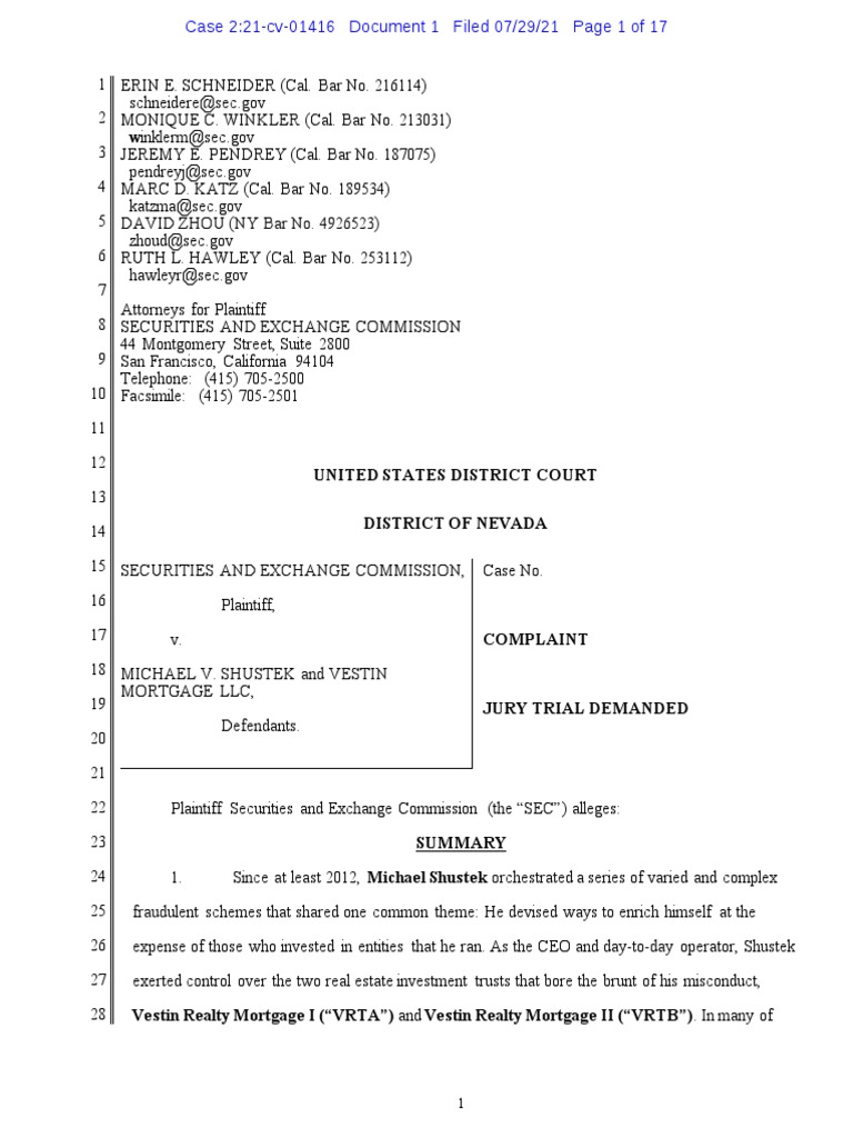 SEC Complaint | PDF | Sec Rule 10b 5 | Real Estate Investment Trust