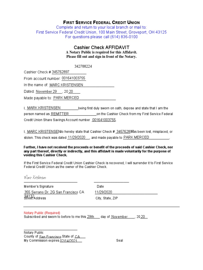 Cashier Check Template | PDF | Notary Public | Affidavit