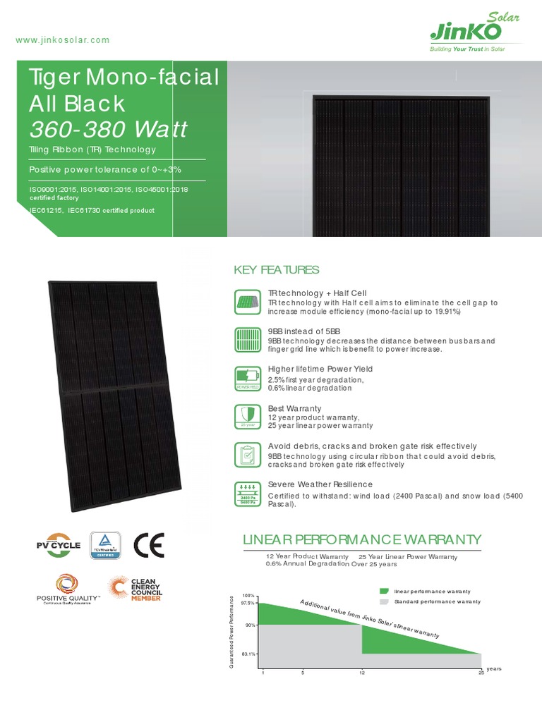 Tiger Mono-facial 360-380 Watt Solar Panel with Tiling Ribbon ...