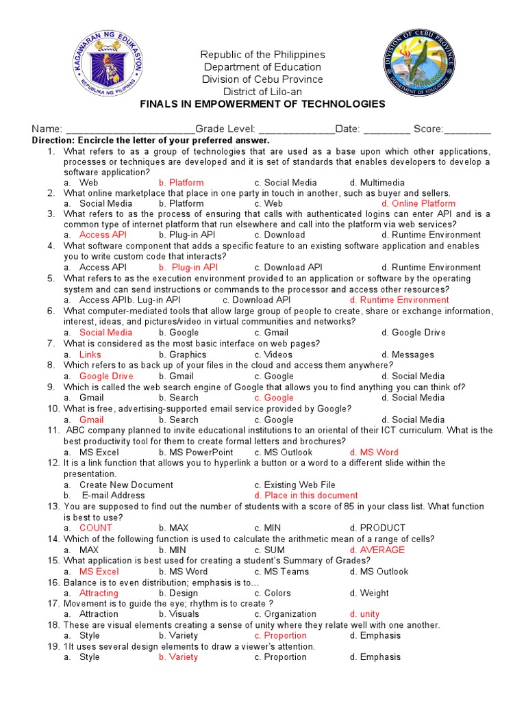 EMPOWERMENT OF TECHNOLOGIES 40 Item SUMMATIVE TEST | PDF | Internet ...