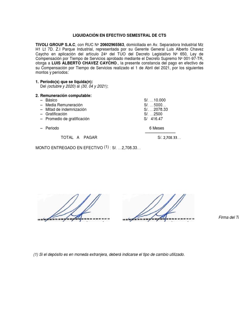 Modelo de Liquidacion Semestral CTS | PDF