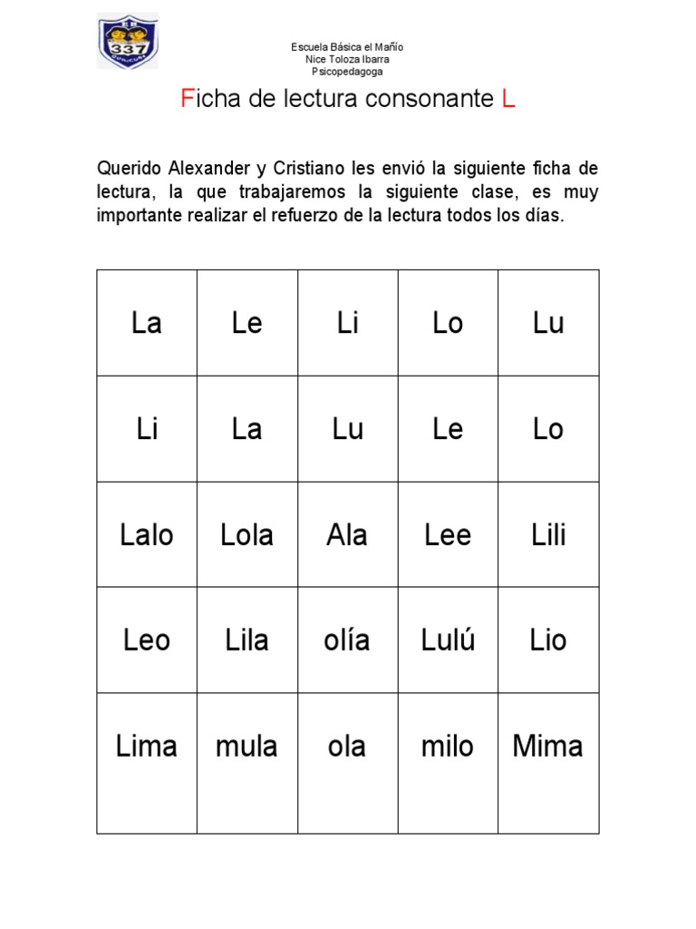 Ficha de Lectura Consonante L | PDF