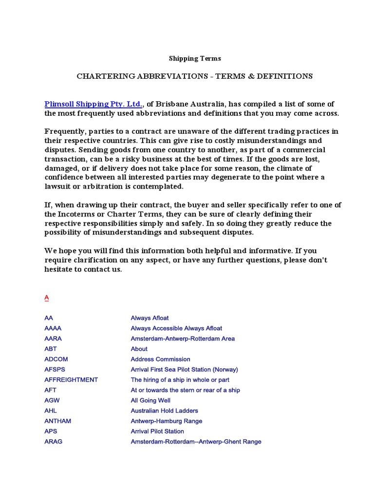 Chartering Abbreviations | PDF | Cargo | Ships
