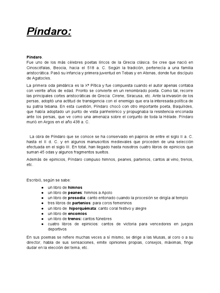 Píndaro: Poeta de la Grecia Clásica | PDF