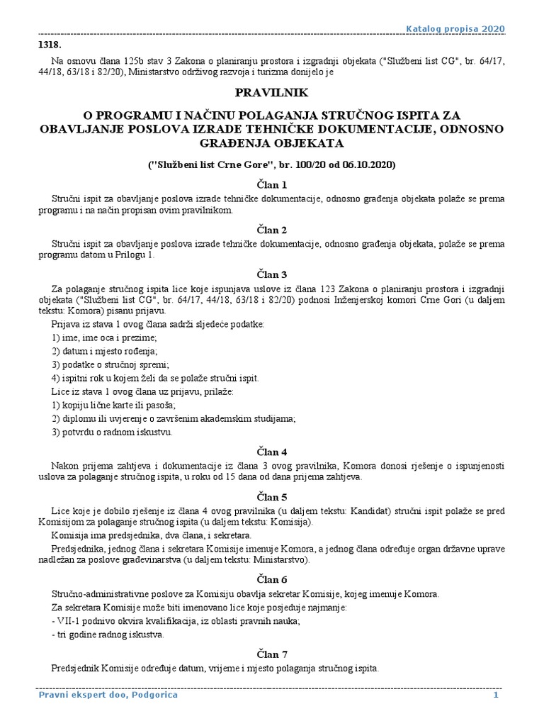 Pravilnik o Programu I Nacinu Polaganja Strucnog Ispita Za Obavljanje Poslova Izrade Tehnicke ...