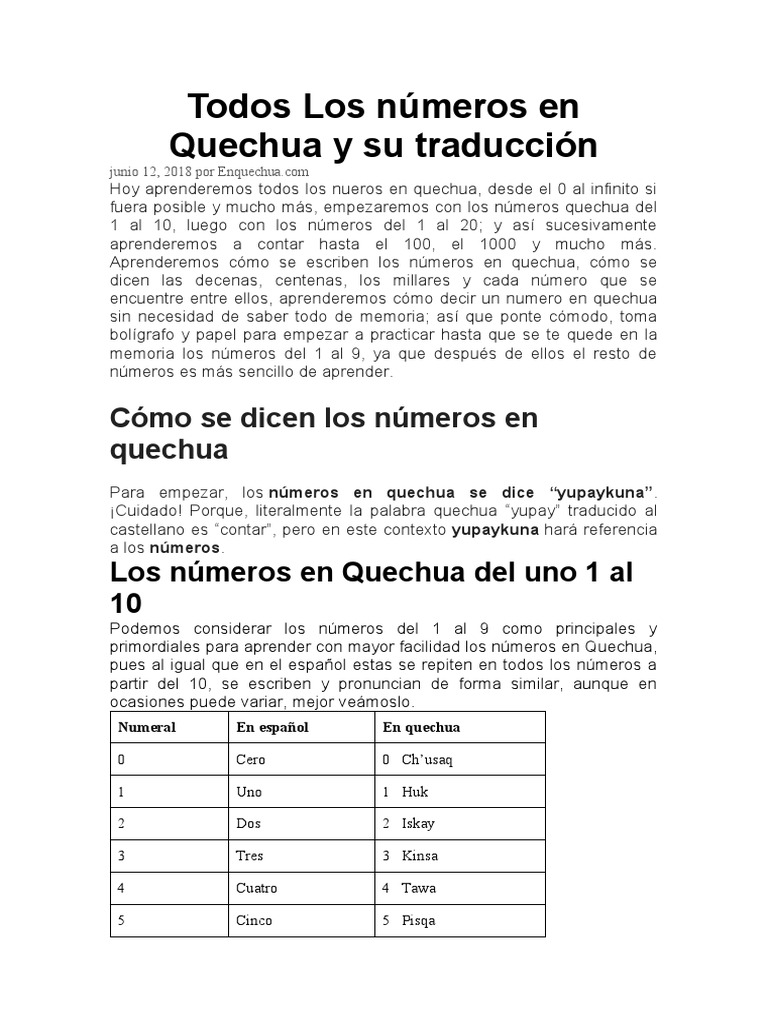 Todos Los Números en Quechua y Su Traducción | PDF | Matemáticas