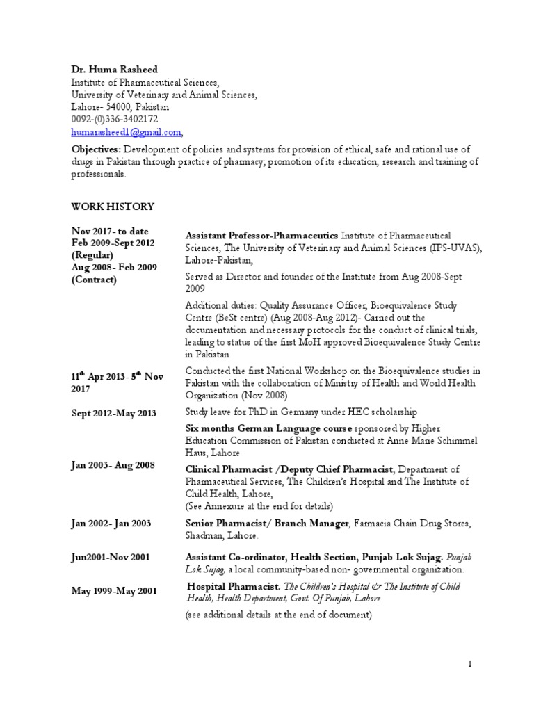 Dr. Huma Rasheed - CV | PDF | Pharmacy | Pharmacist