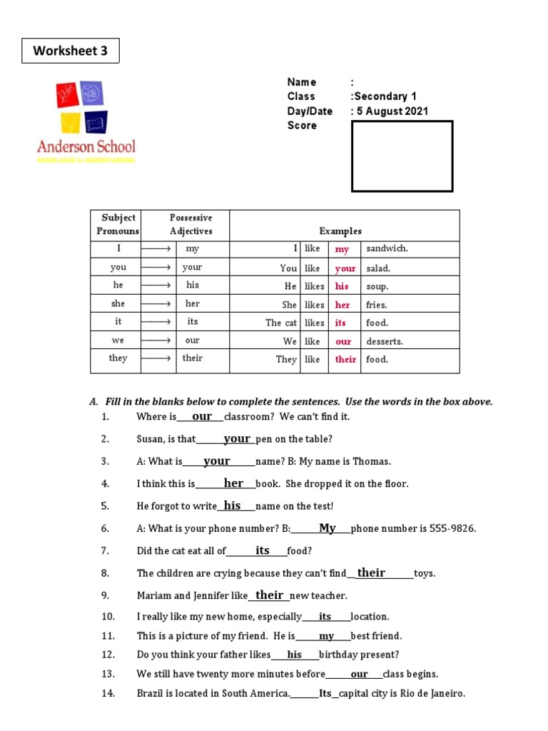 Possessive Adjective Worksheet Answer | PDF