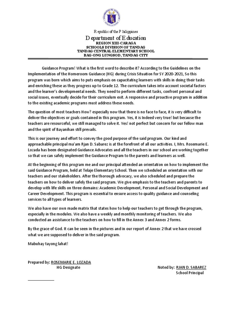 Narrative Report On Guidance Program | PDF | Curriculum | Applied ...