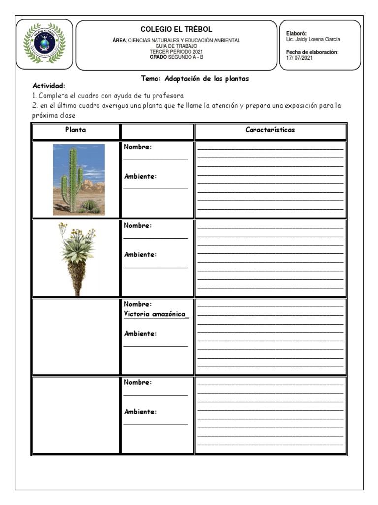 Actividades sobre Adaptaciones de Plantas | PDF | Ciencias sociales ...