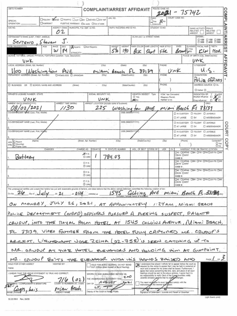 Arrest Affidavit For Miami Beach Police Officer Steven Serrano | PDF ...