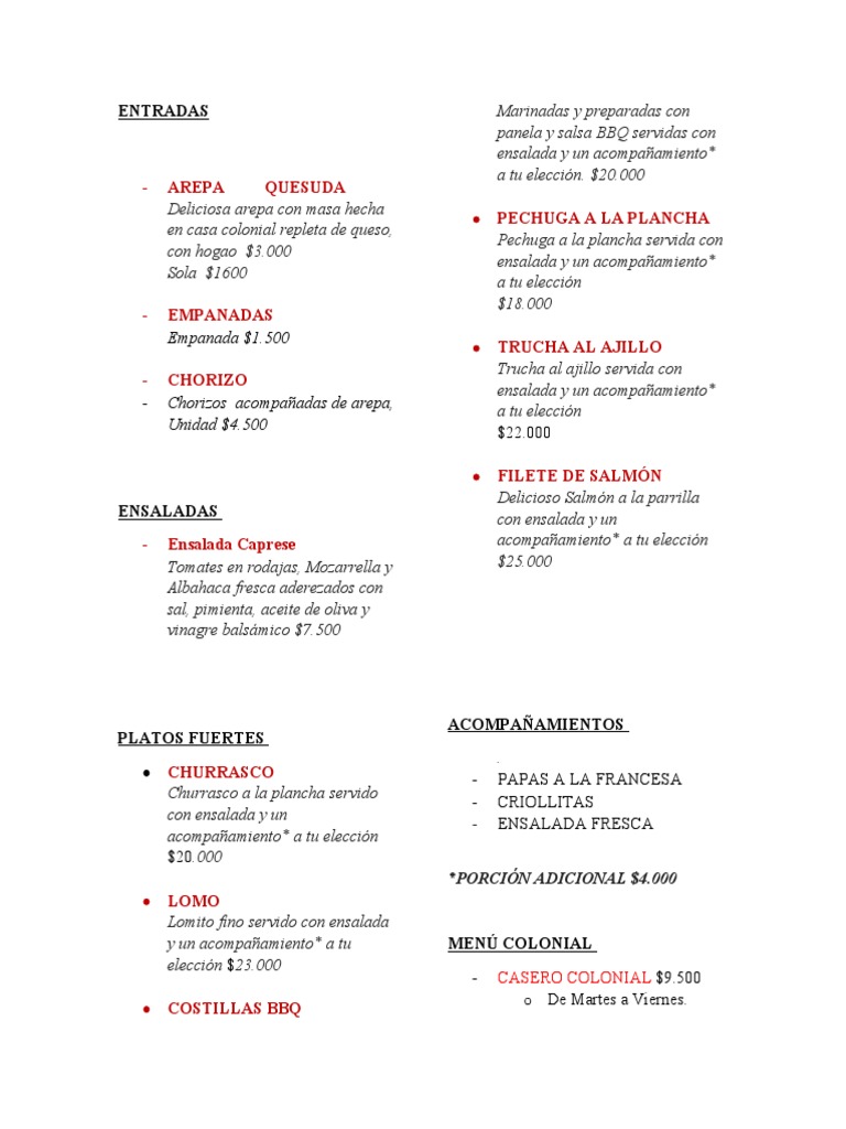 Menú Colonial | PDF | ensalada | Alimentos