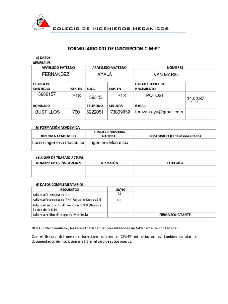 Formulario de Inscripcion Cim PT | PDF