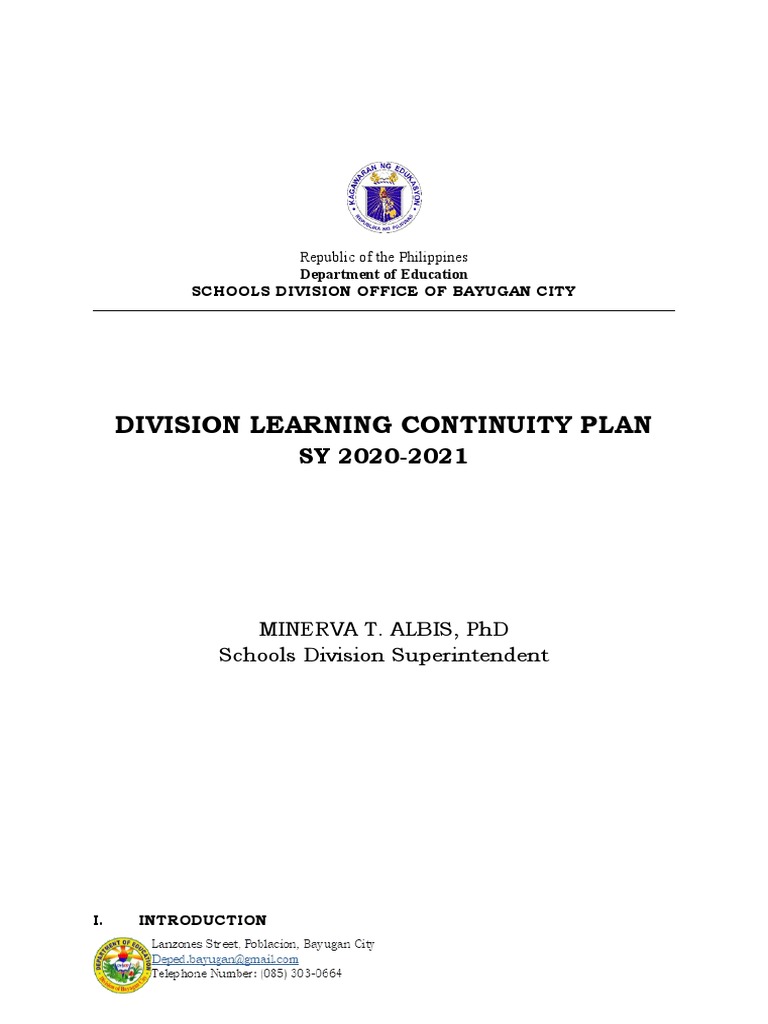 Division Learning Continuity Plan Minerva T Albis Phd Schools