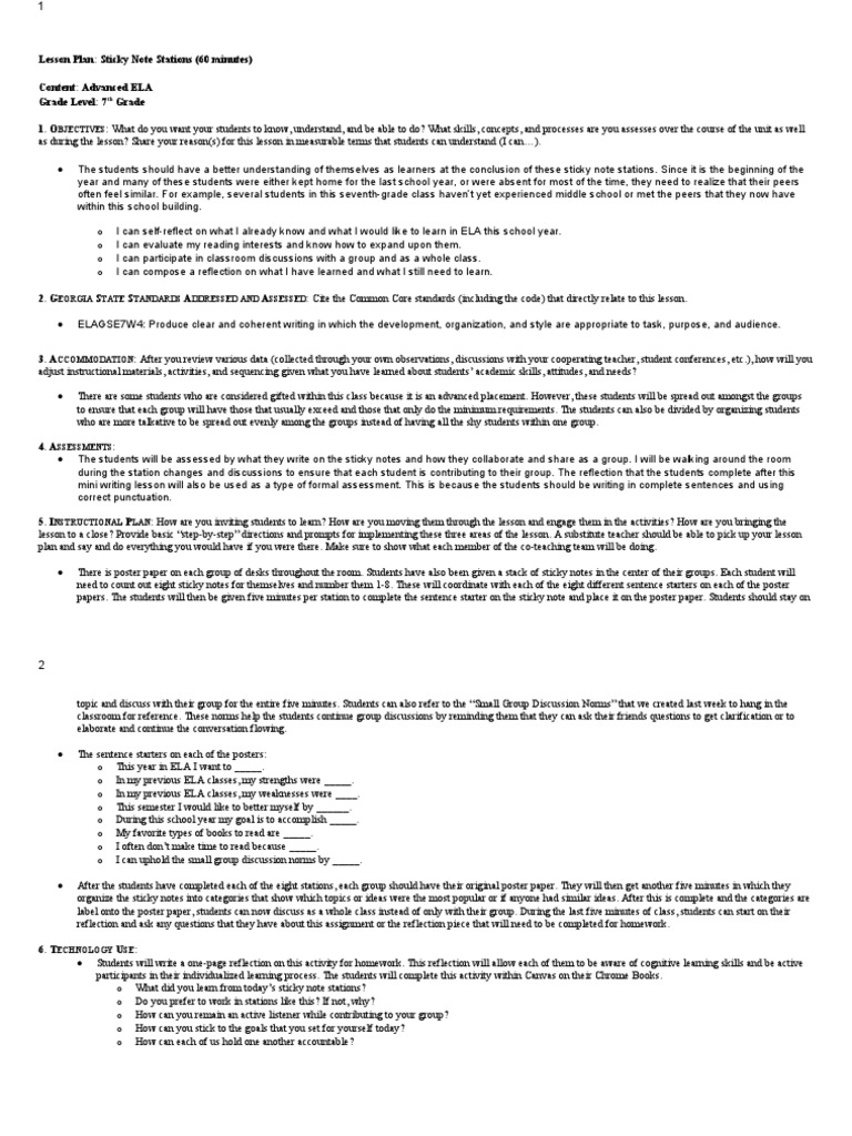 Sticky Note Stations Lled | PDF | Lesson Plan | Teachers