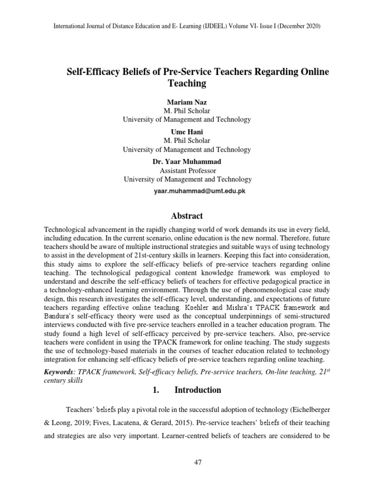 Self-Efficacy Beliefs of Pre-Service Teachers Regarding Online Teaching | Download Free PDF ...
