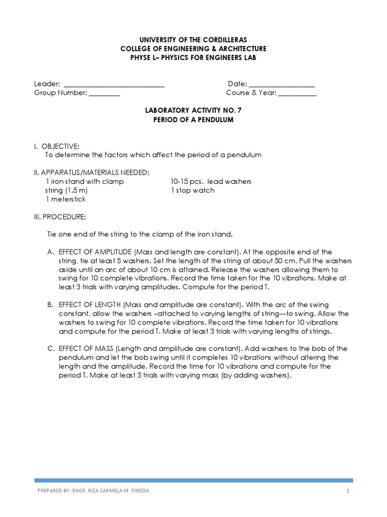Experiment 7 - Period of A Pendulum | PDF | Pendulum | Physical Quantities