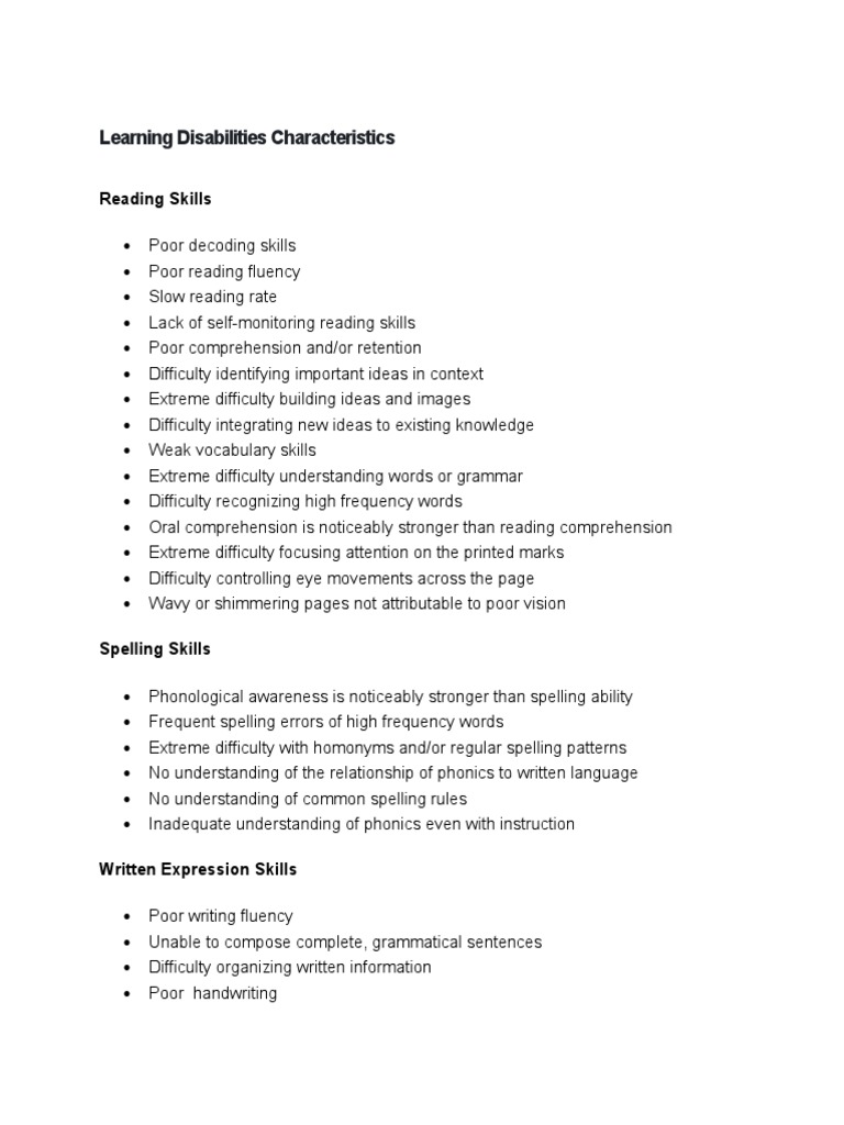 Learning Disabilities Characteristics | PDF | Reading Comprehension ...