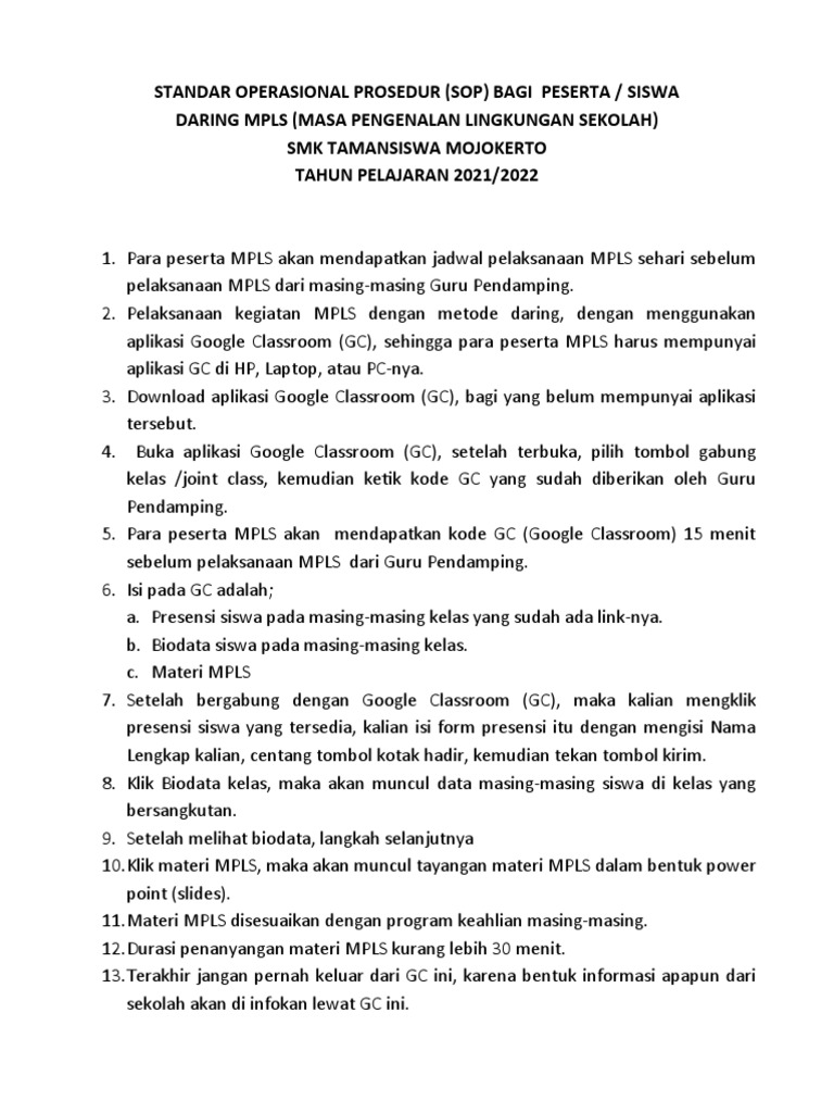 Sop Siswa Mpls Daring | PDF