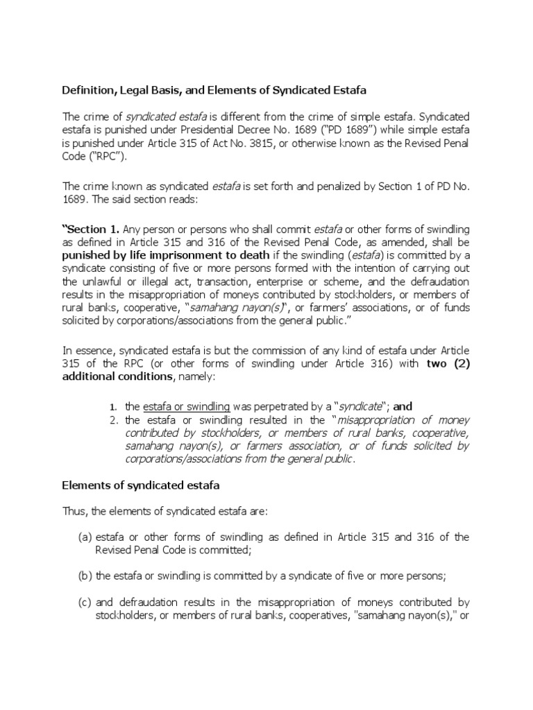 Syndicated Estafa. Research. | PDF | Fraud | Crime & Violence