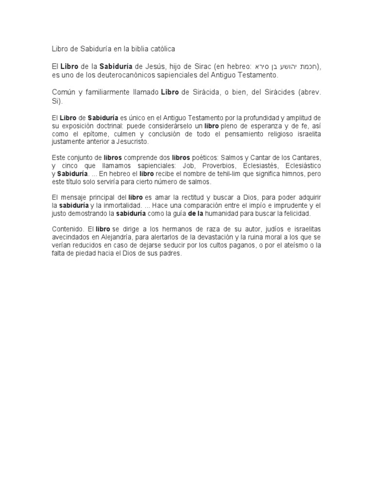 Libro de Sabiduría en La Biblia Católica | PDF
