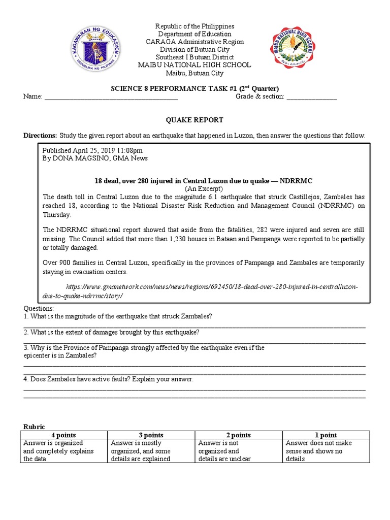 Science 8 Performance Task | PDF | Earthquakes | Risk Management