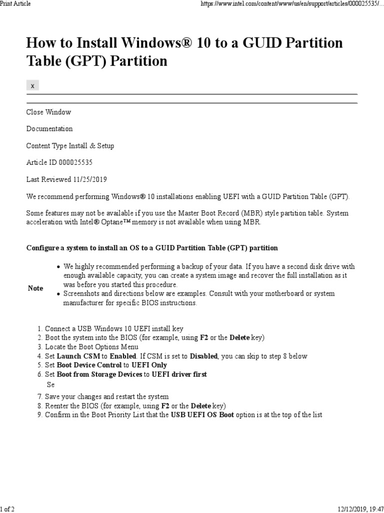 How To Install Windows® 10 To A GUID Partition Table (GPT) Partition ...