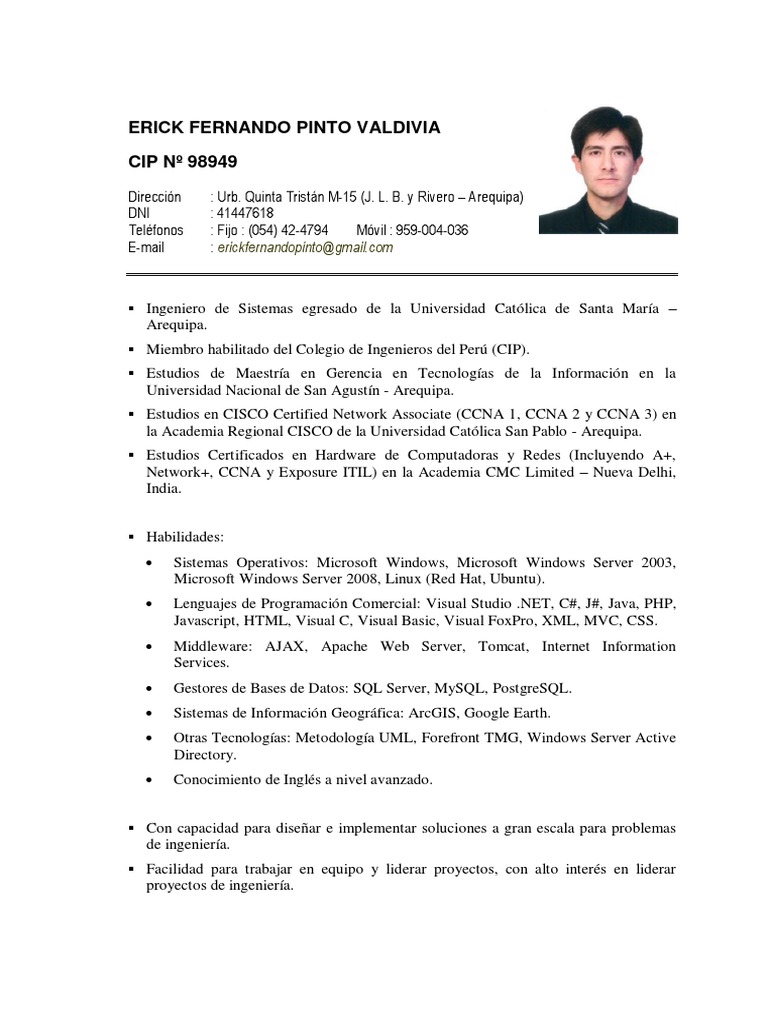 CV - Ing. Erick Fernando Pinto Valdivia | PDF | Mi sql | Php