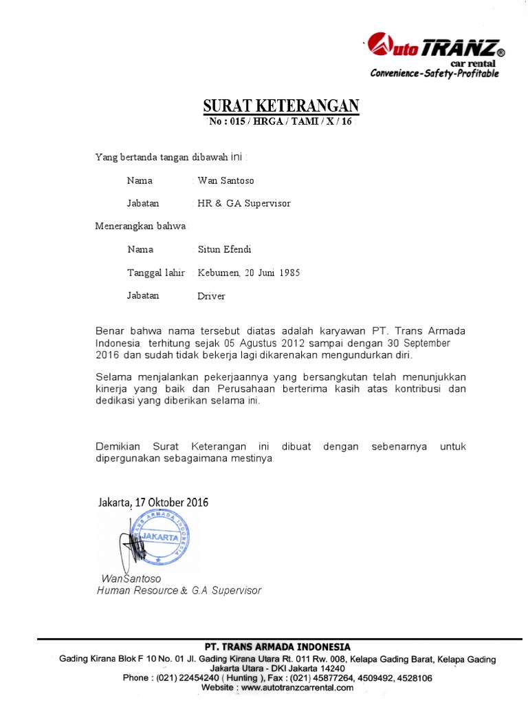 Paklaring Situn Auto Tranz | PDF