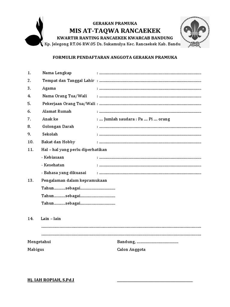 Formulir Pendaftaran Anggota Gerakan Pramuka | PDF