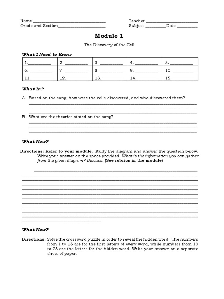 Activity Sheet 1 The Discovery of The Cell PDF | Download Free PDF ...