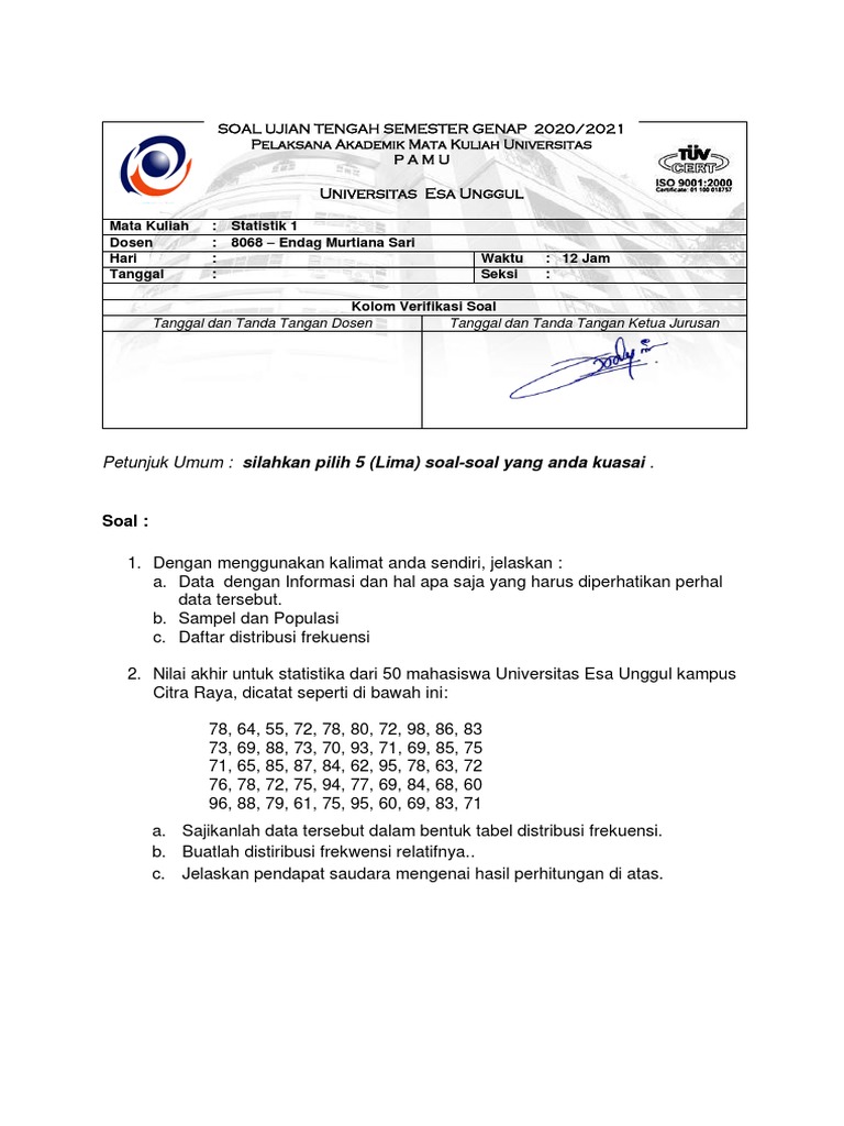 Soal UTS Statistik 1 | PDF
