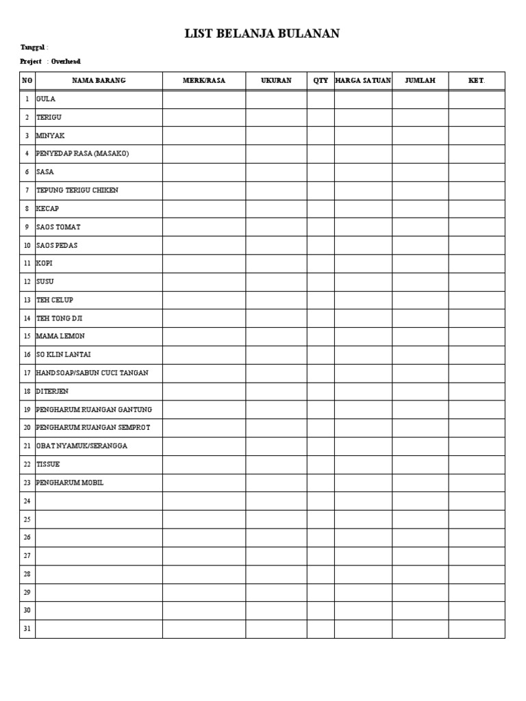 List Belanja Bulanan | PDF
