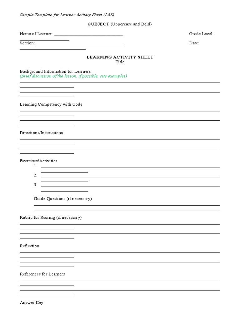 Sample Template For Learner Activity Sheet (LAS) - English | PDF ...