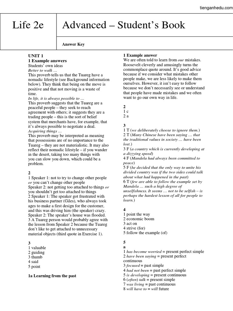 Advanced - Student's Book Life 2e: Unit 1 1 Example Answers | PDF ...