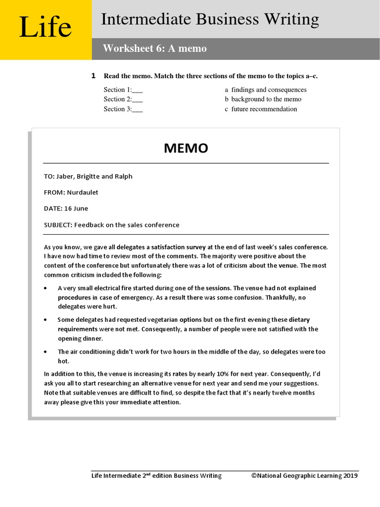 Intermediate Business Writing: Worksheet 6: A Memo | PDF