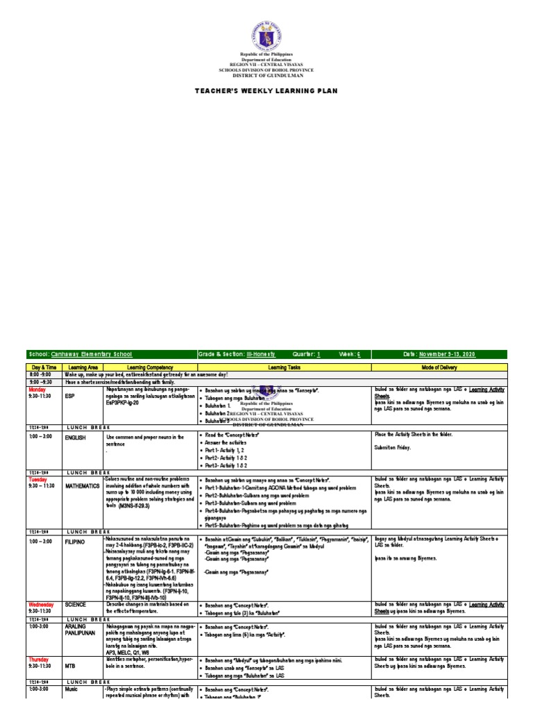 Gr.3 Week 6 Weekly Plan | PDF