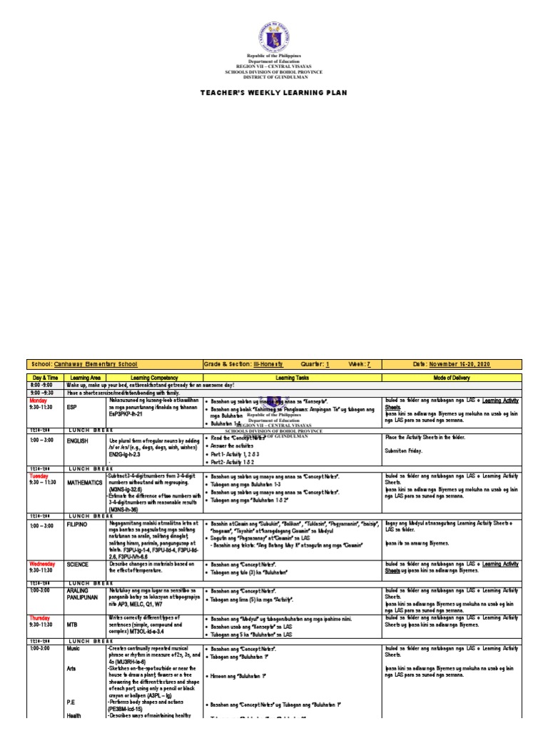 Gr.3 Week 7 Weekly Plan | PDF