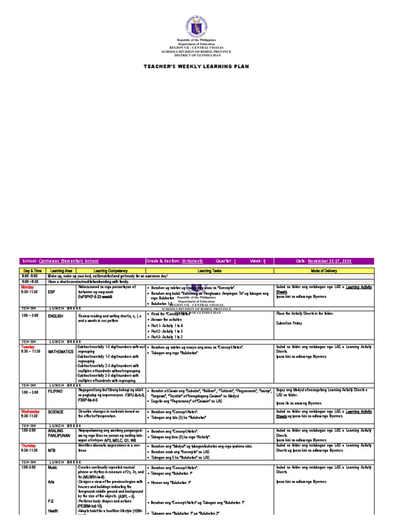 Teacher'S Weekly Learning Plan | PDF