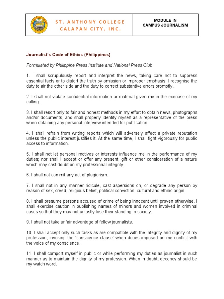 St. Anthony College Calapan City, Inc.: Journalist's Code of Ethics ...