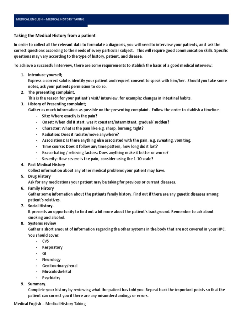 Medical History Taking Guide | PDF | Pain | Diseases And Disorders
