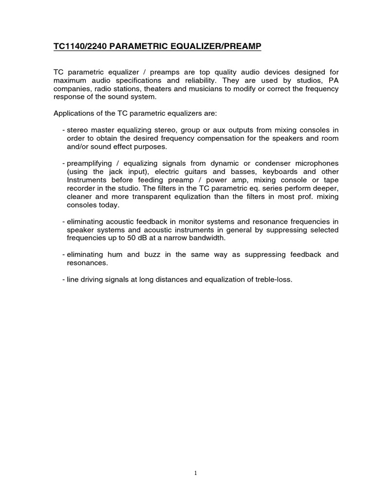 TC Electronic 1140 Parametric EQ Manual | PDF | Equalization (Audio ...