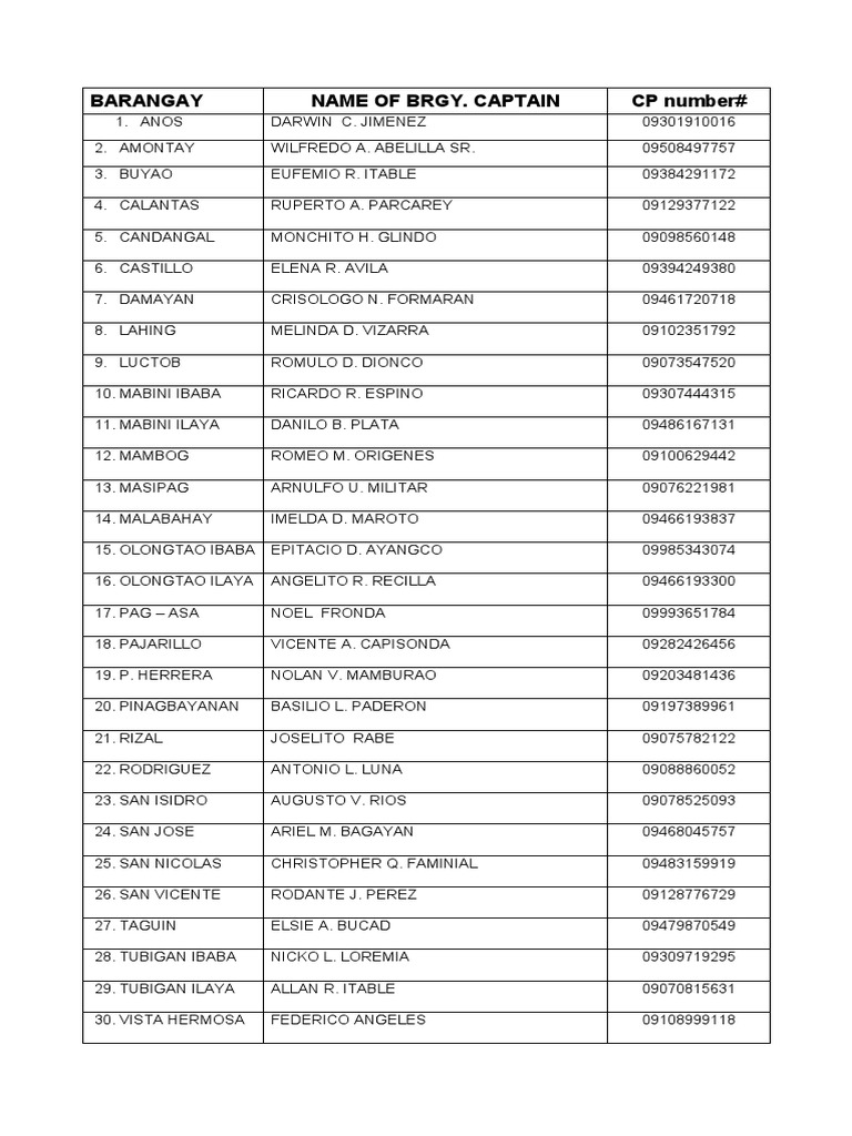 Barangay Captains Contact List 2024 | PDF
